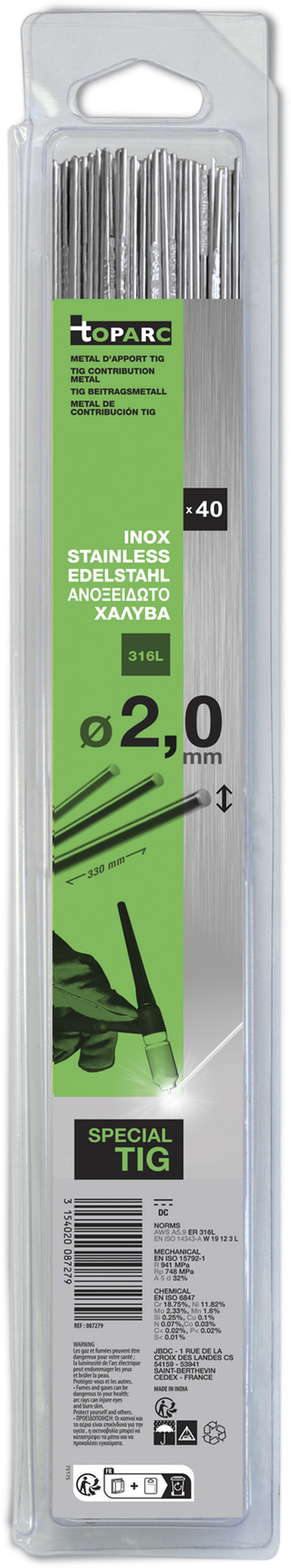 40 Baguettes TIG inox 316L (0,33 m) Ø 2,0 mm - Blister Soudure ...