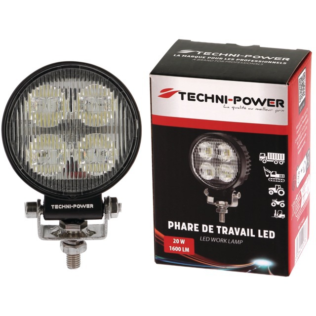 Phare led rond 12/24v 20w 1600 lumens techni-power Phares de travail ...