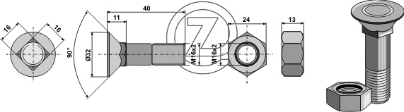 Lemken | Boulon de charrue M16x2x40 et écrou hexagonal 3016142 | Agrizone